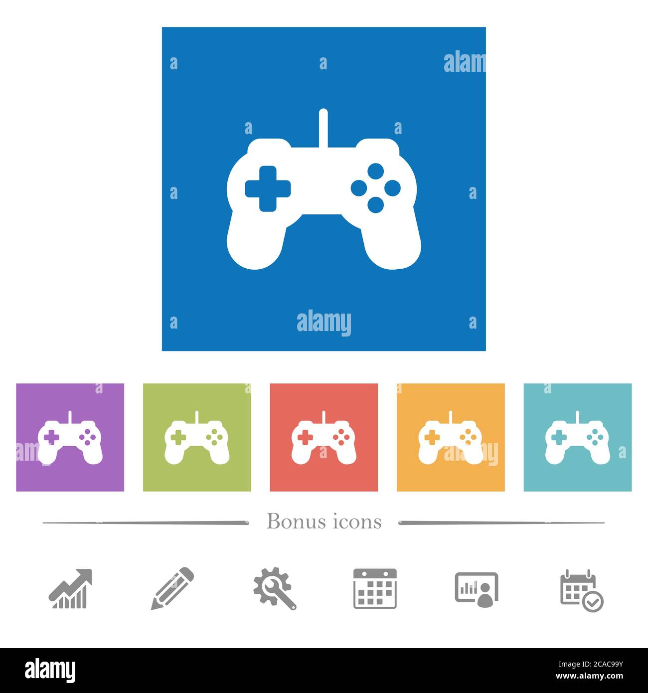 Game controller flat white icons in square backgrounds. 6 bonus icons ...