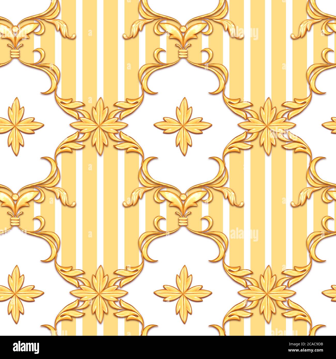 Yellow seamless pattern, vintage background with golden scrolls Stock ...