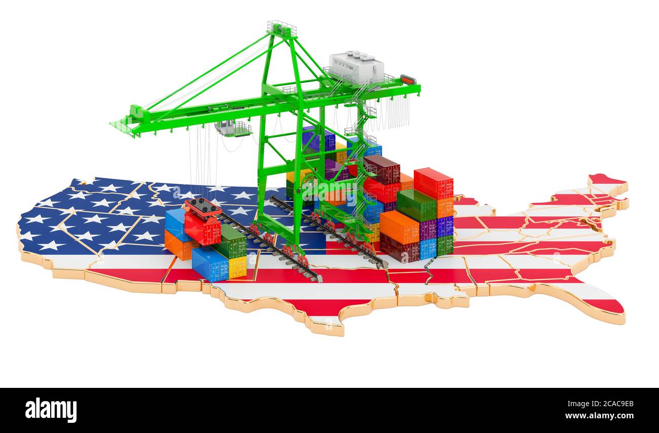 Freight Shipping in the United States concept. Harbor cranes with cargo ...