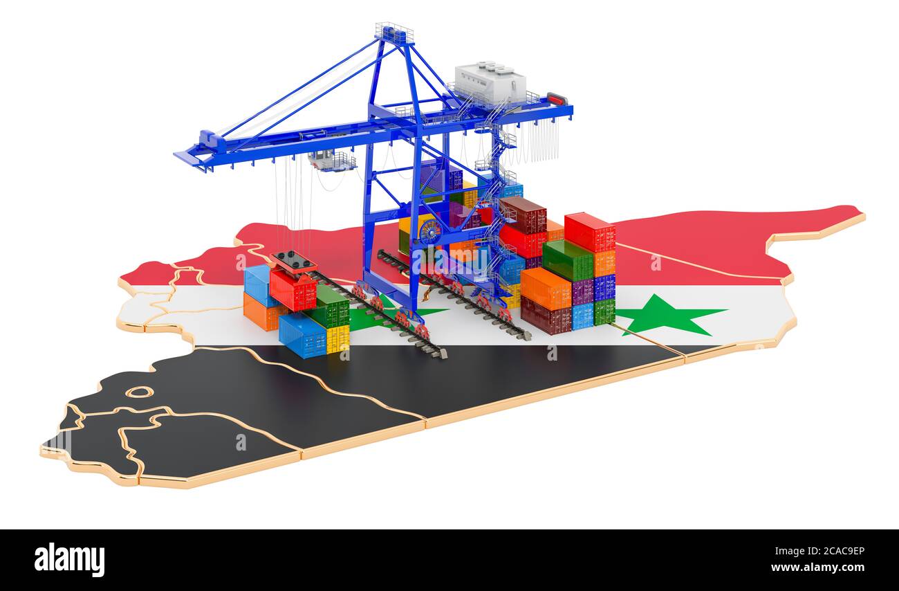 Freight Shipping in Syria concept. Harbor cranes with cargo containers ...