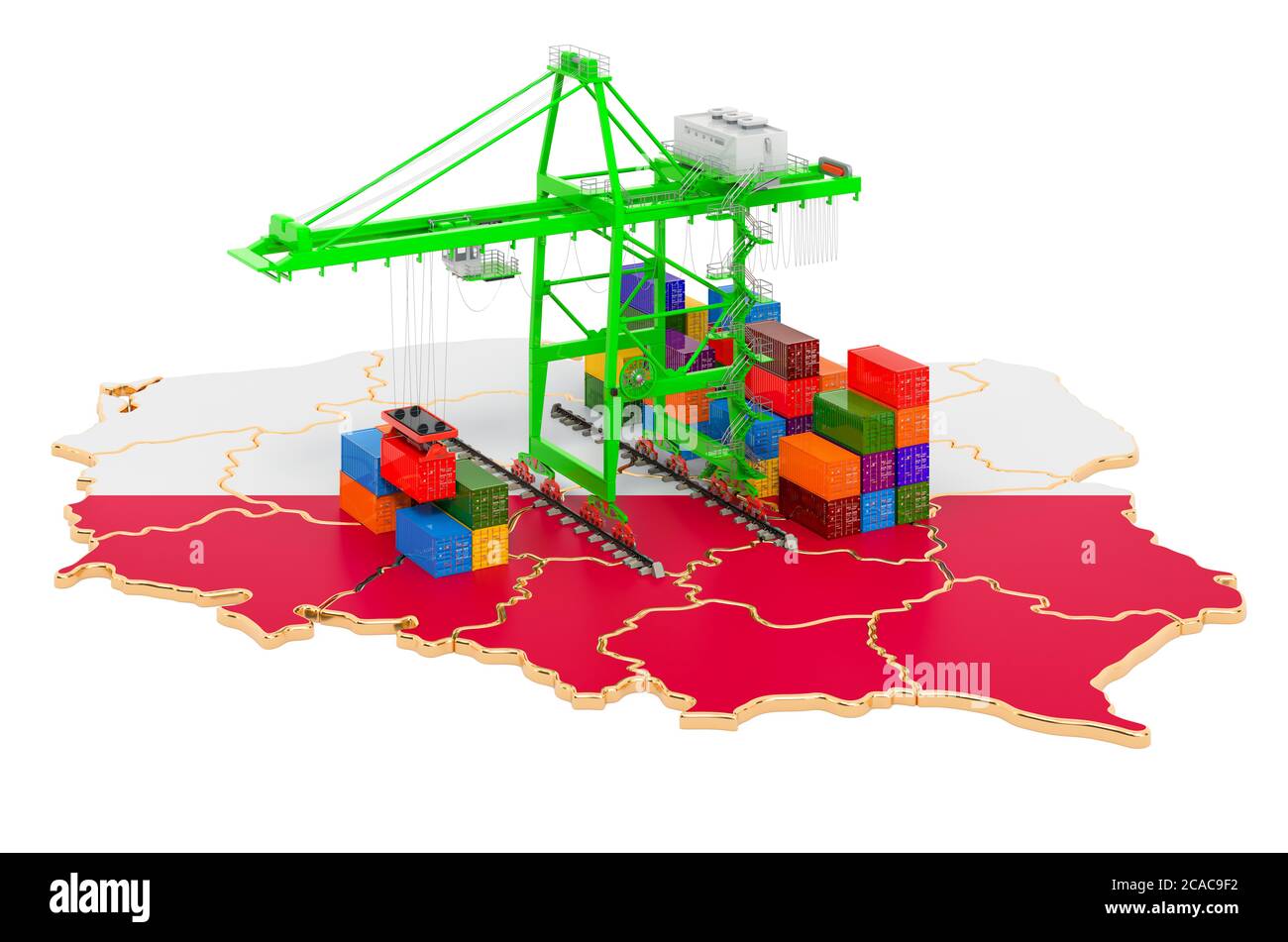 Freight Shipping in Poland concept. Harbor cranes with cargo containers ...