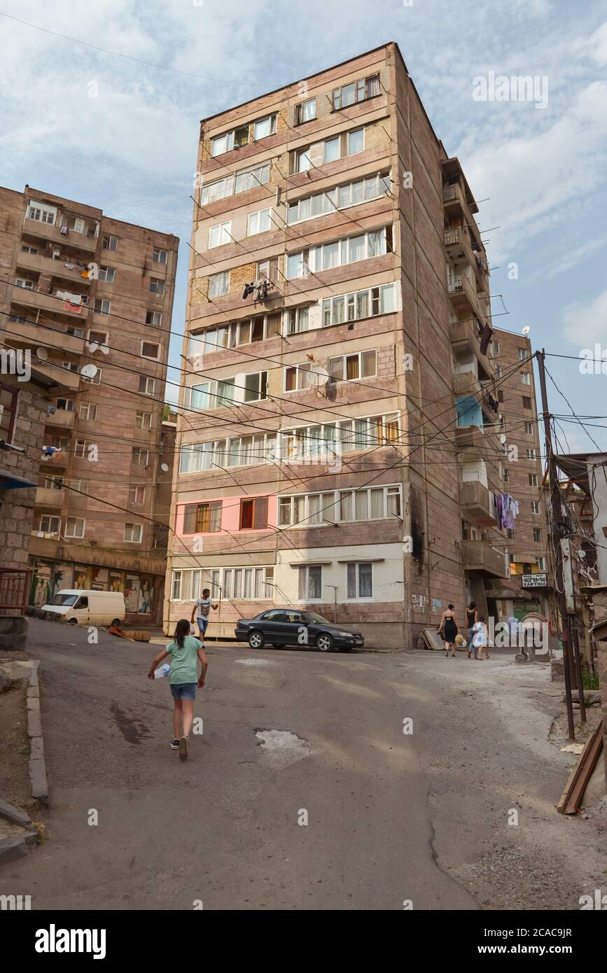 Alaverdi / Armenia - July 20, 2019: Soviet style buildings and vehicles ...