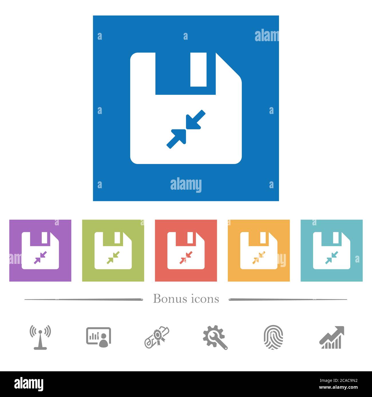 Compress file flat white icons in square backgrounds. 6 bonus icons ...