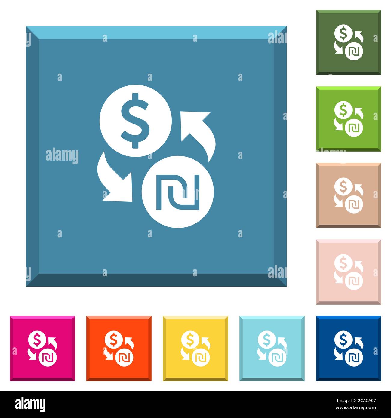 Dollar new Shekel money exchange white icons on edged square buttons in ...