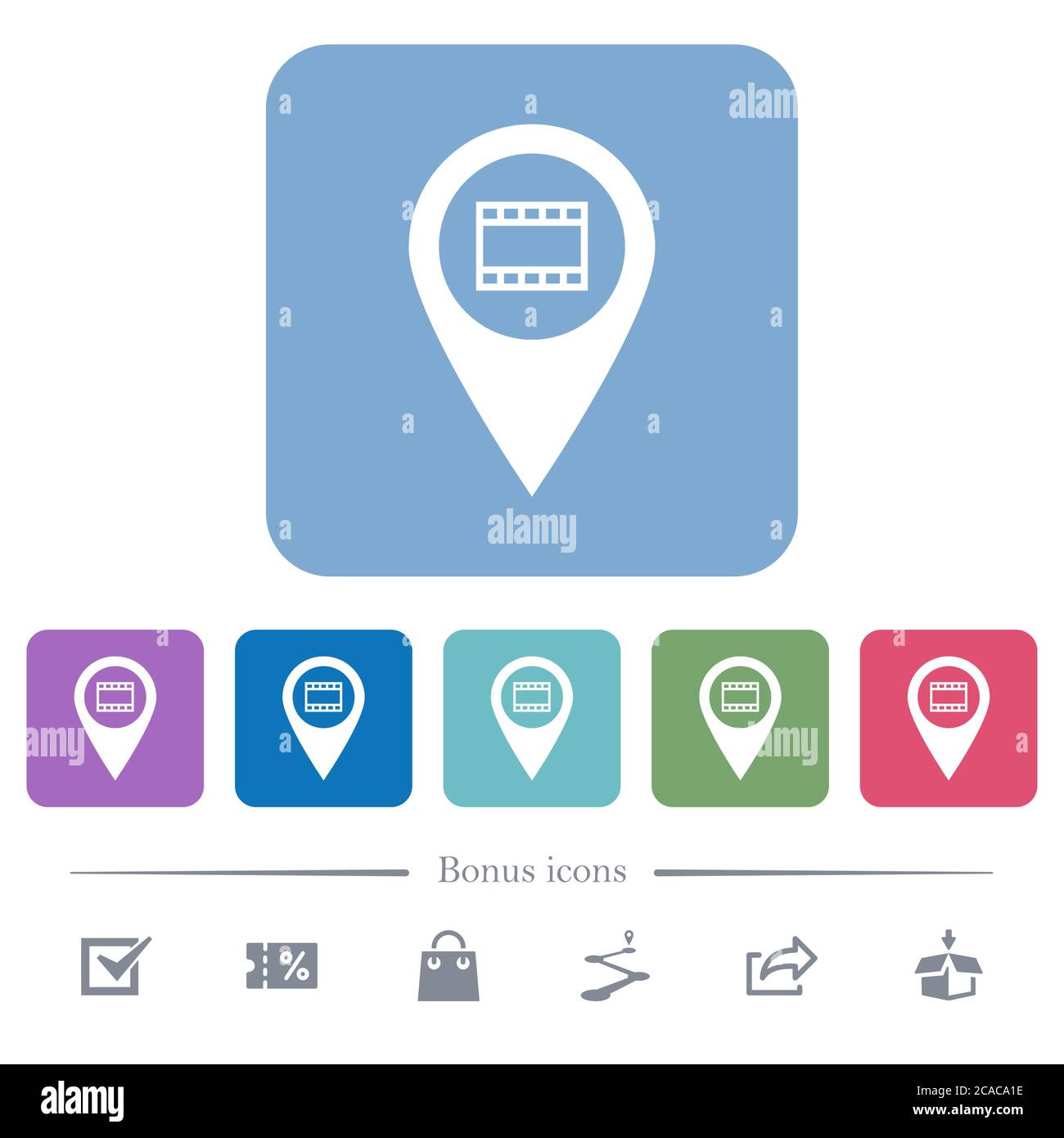 Cinema GPS map location white flat icons on color rounded square ...
