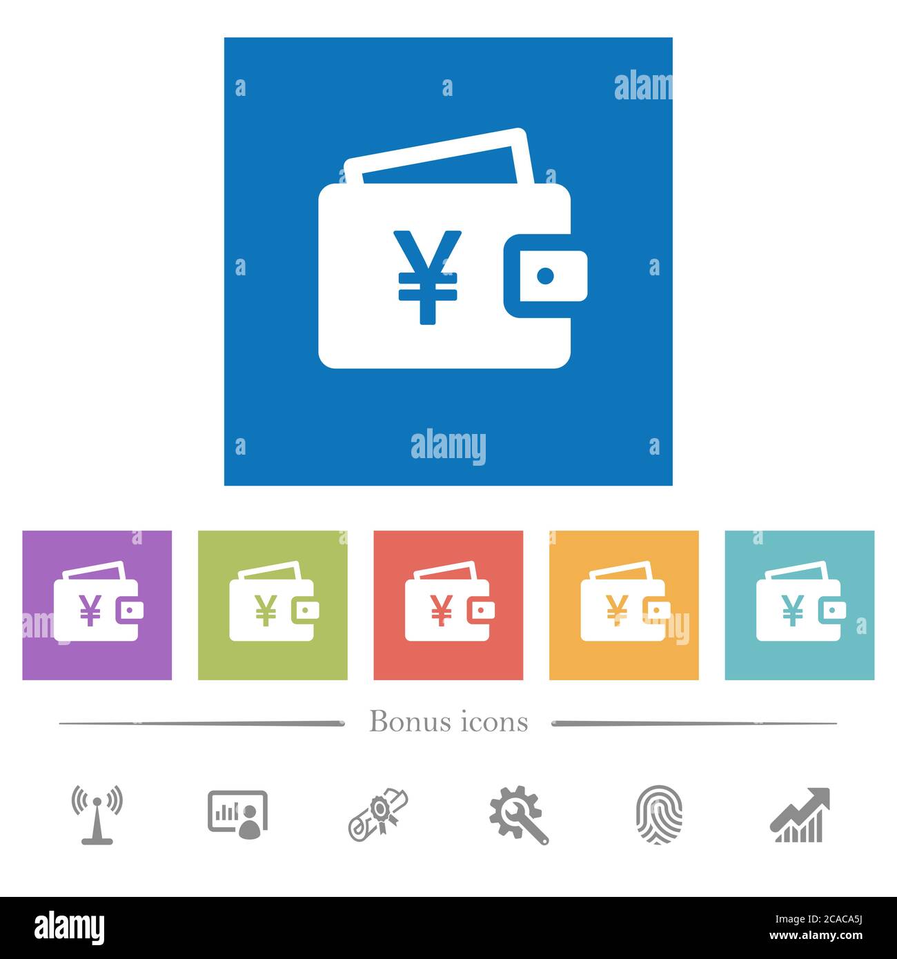 Yen wallet flat white icons in square backgrounds. 6 bonus icons ...