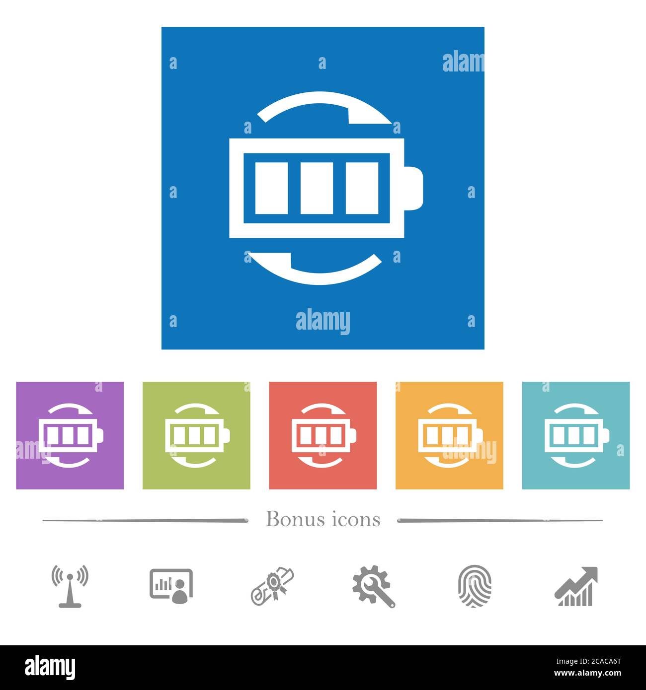 Rechargeable battery flat white icons in square backgrounds. 6 bonus ...