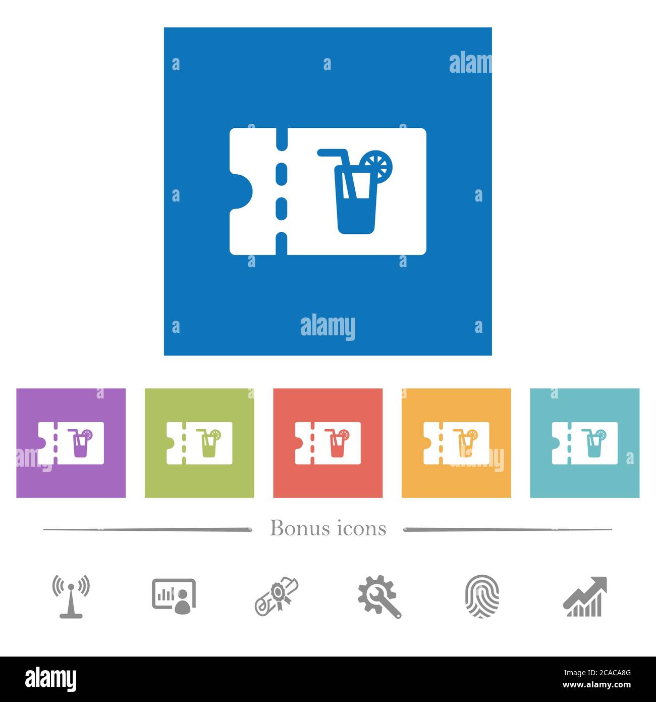 cocktail bar discount coupon flat white icons in square backgrounds. 6 ...