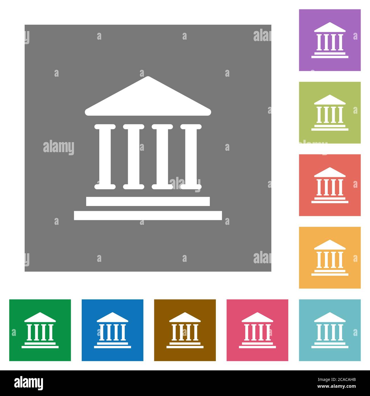 Bank office building flat icons on simple color square backgrounds ...