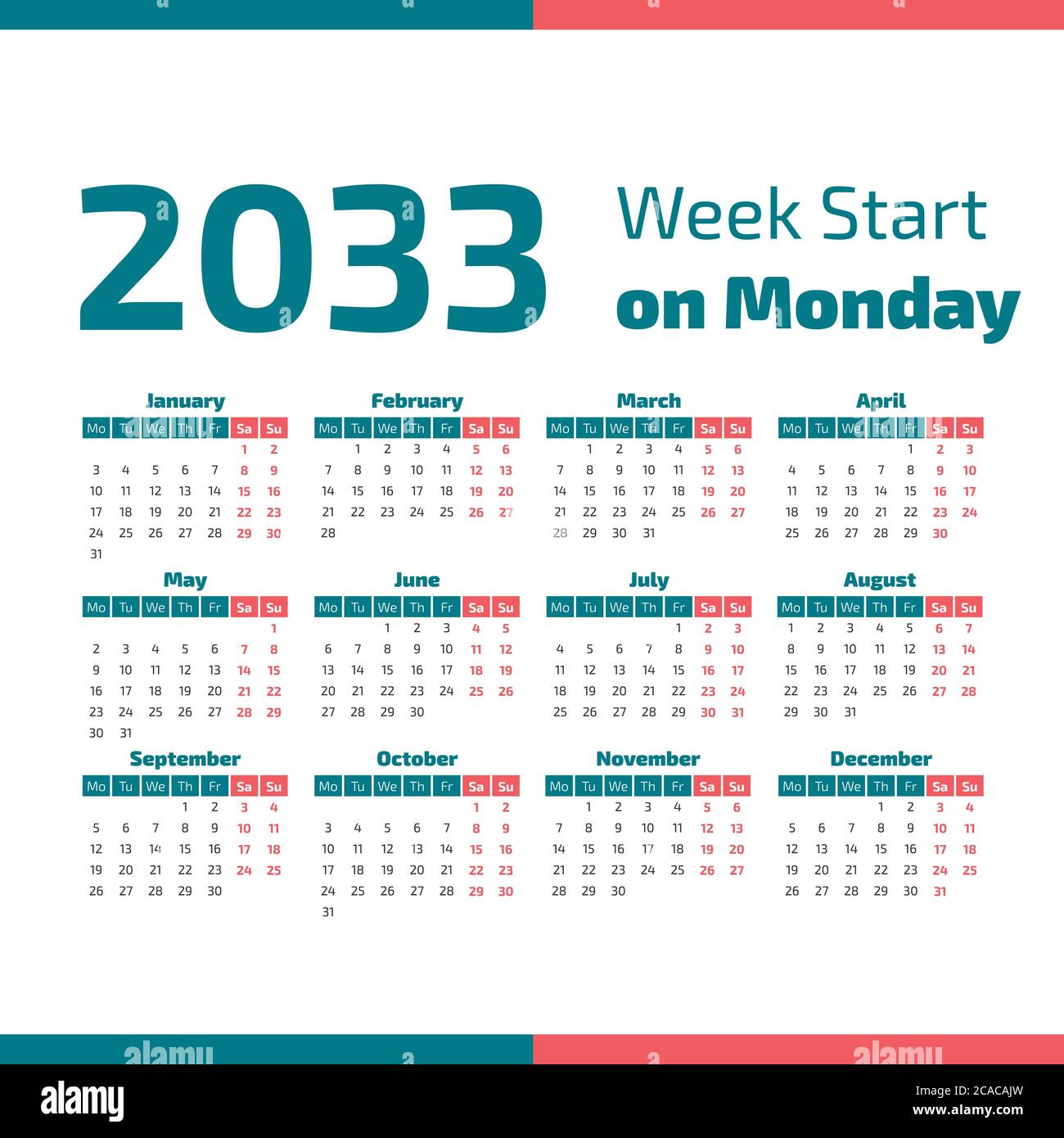 2033 Calendar with the weeks start on Monday Stock Vector Image & Art ...