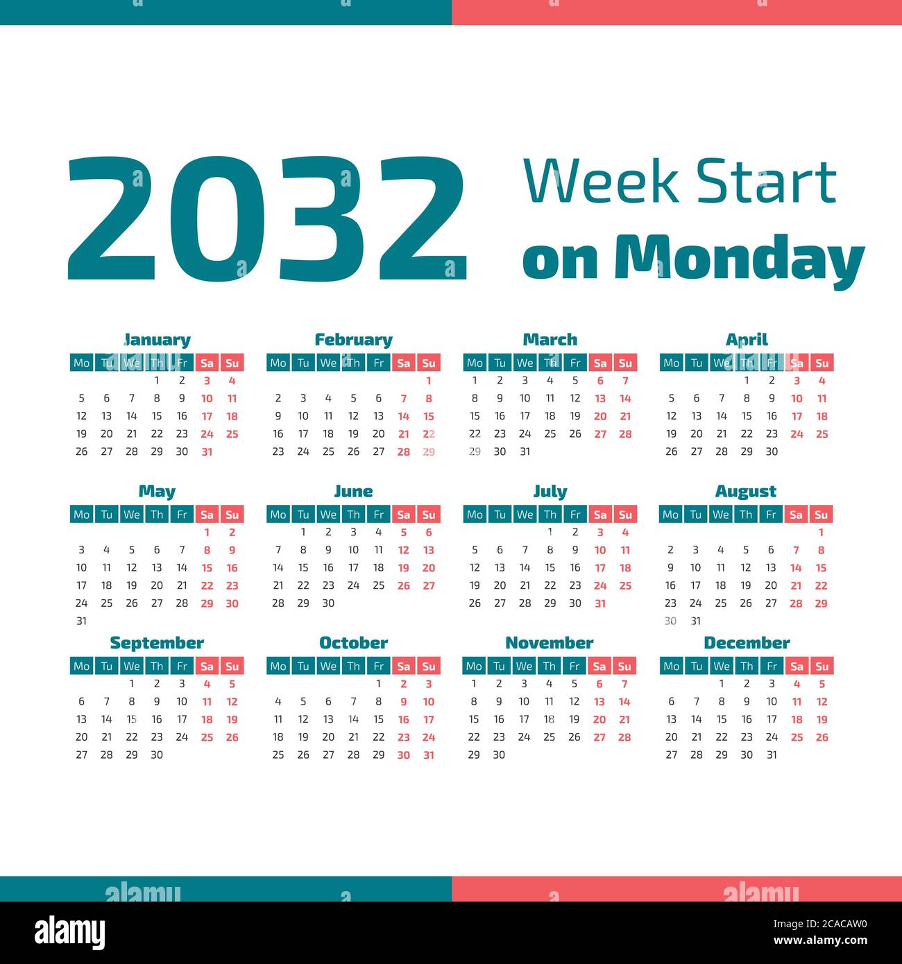2032 Calendar with the weeks start on Monday Stock Vector Image & Art ...