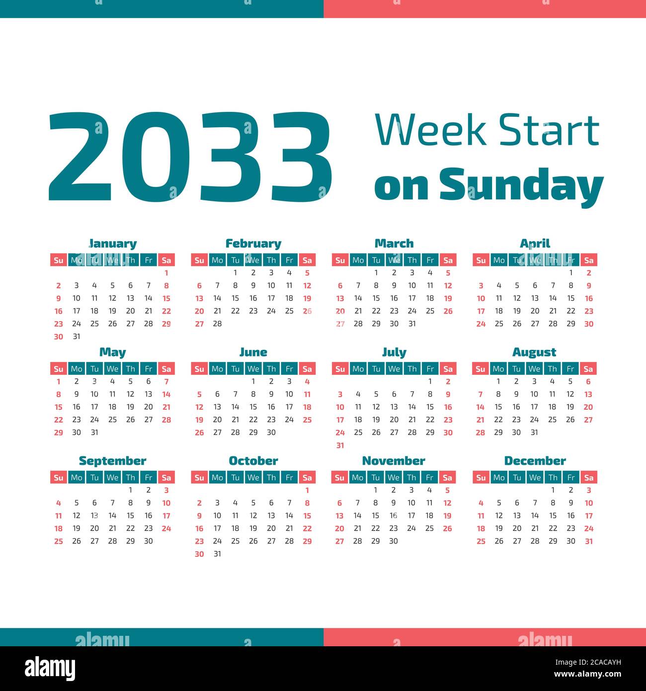 2033 Calendar with the weeks start on Sunday Stock Vector Image & Art ...