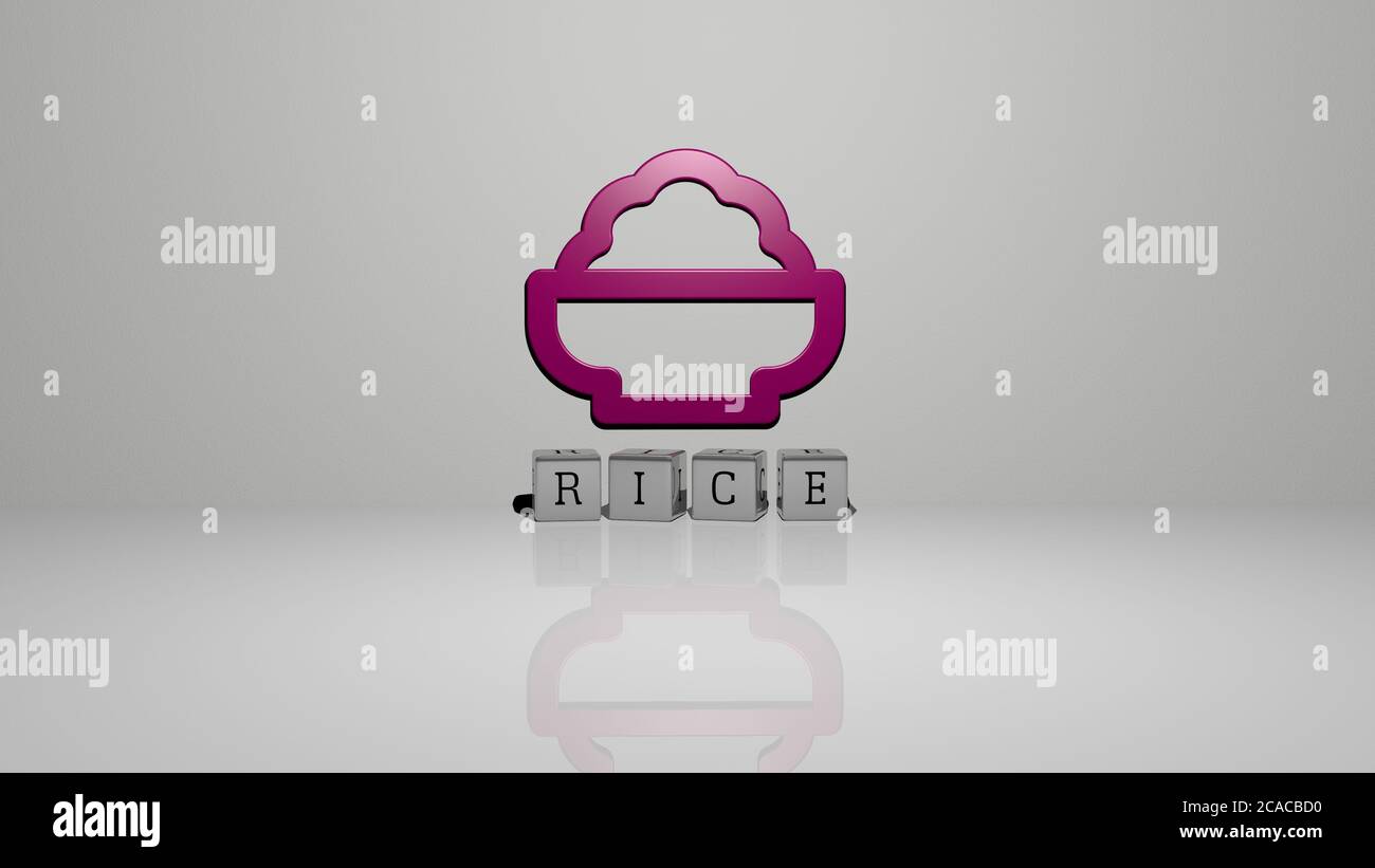 3D graphical image of rice vertically along with text built by metallic ...