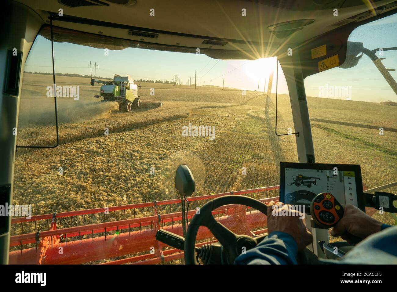 the machine operator at the helm of a modern combine harvester harvests ...