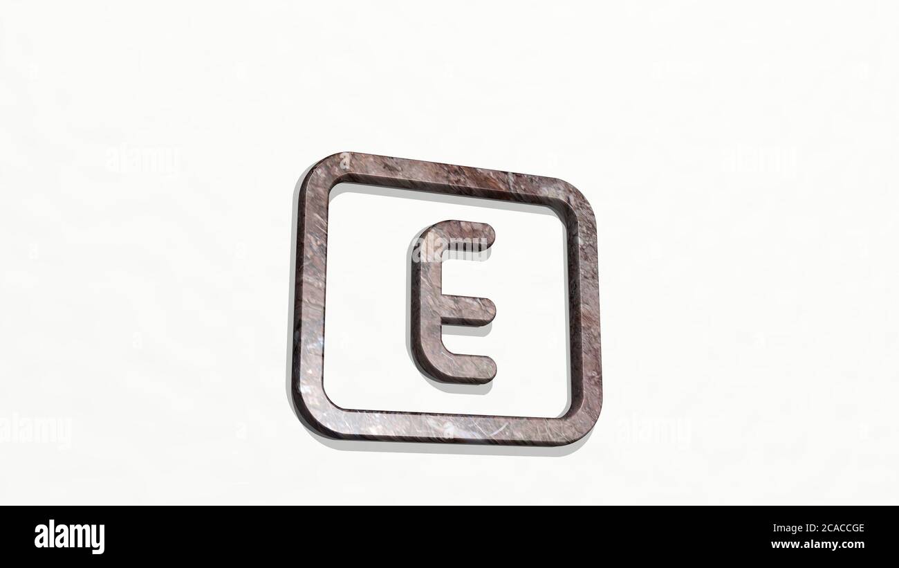 FOCUS E on the wall. 3D illustration of metallic sculpture over a white ...