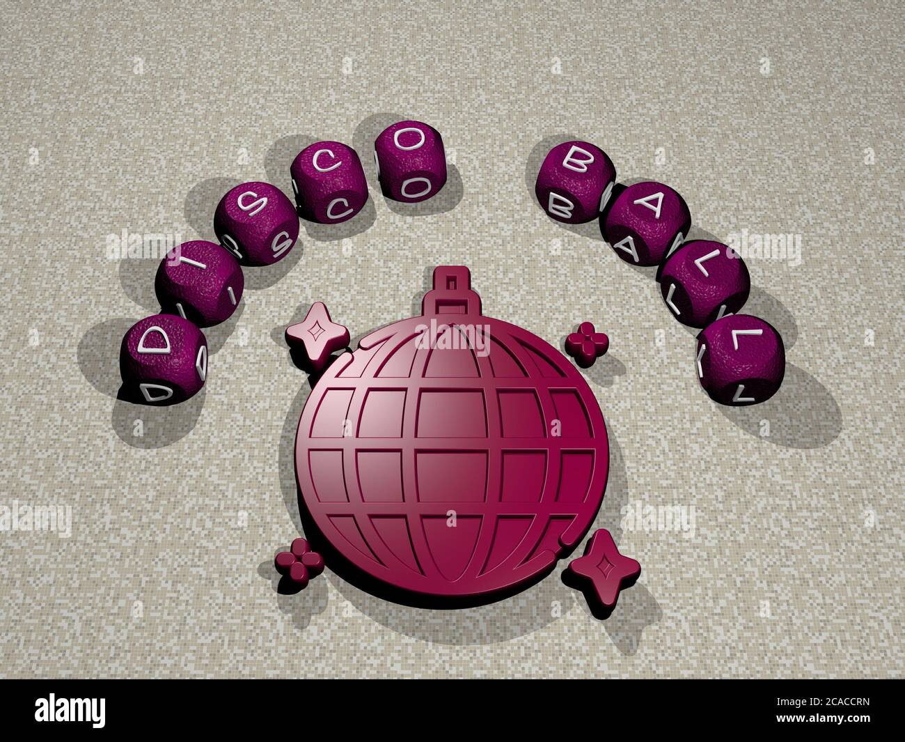 3D representation of DISCO BALL with icon on the wall and text arranged ...