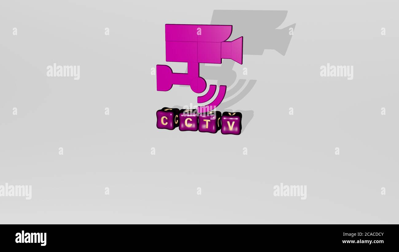 3D representation of CCTV with icon on the wall and text arranged by ...