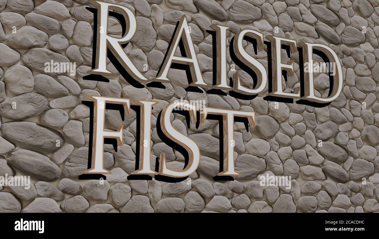 3D illustration of RAISED FIST graphics and text made by metallic dice ...