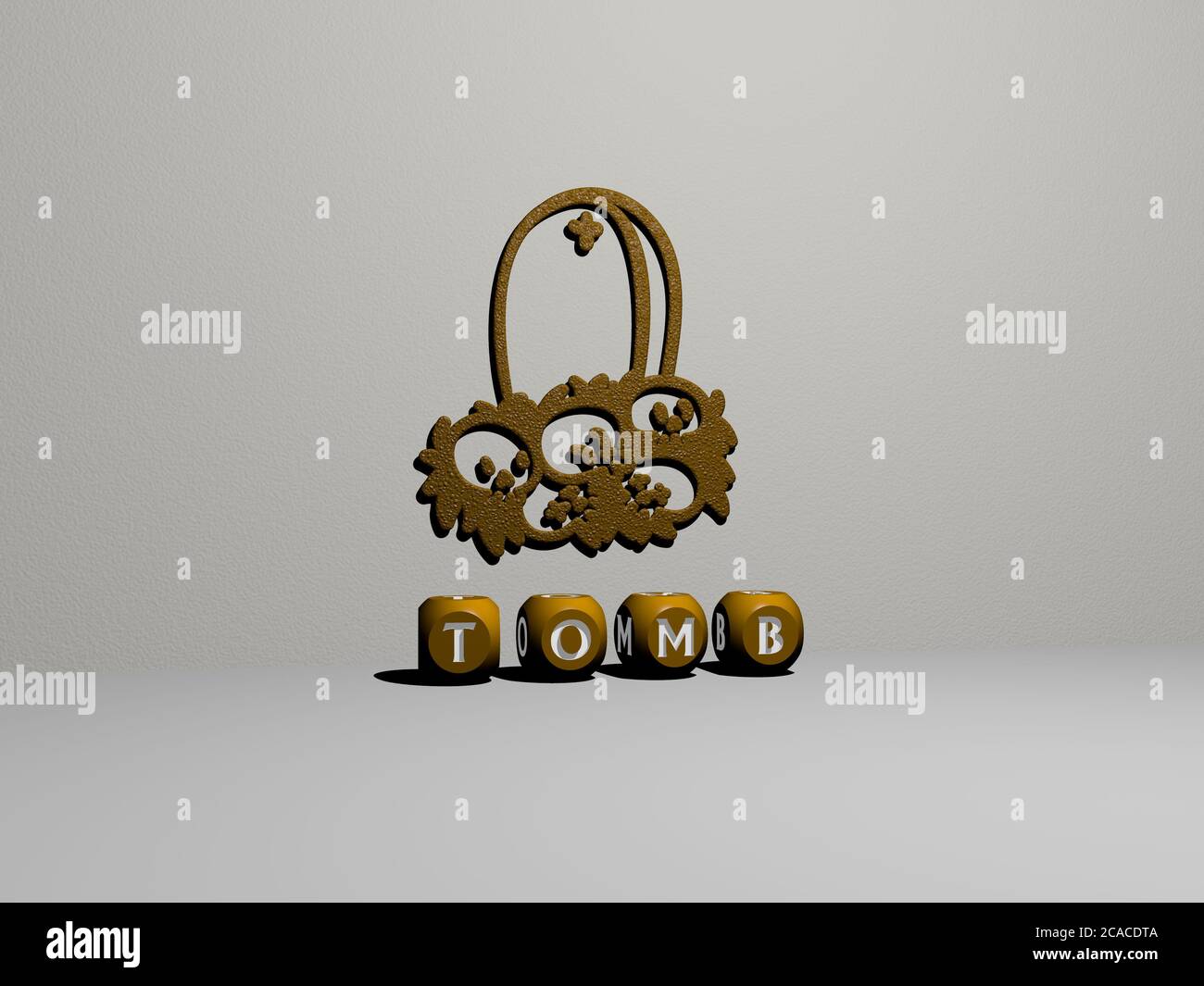 3D representation of TOMB with icon on the wall and text arranged by ...