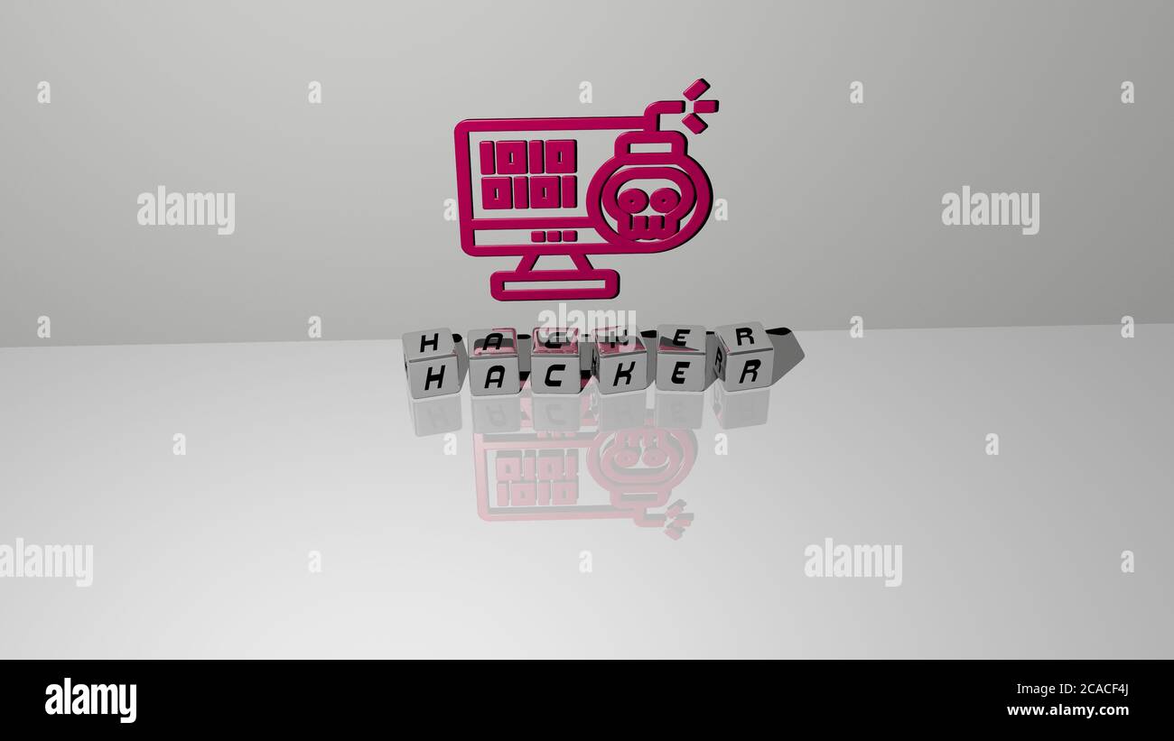 3D illustration of HACKER graphics and text made by metallic dice ...