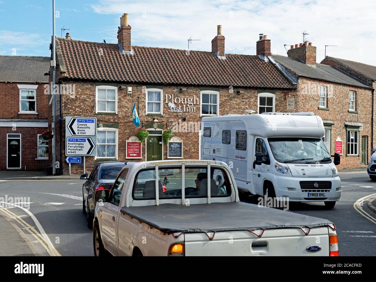 Motorhome in traffic at roundabout, Snaith, East Yorkshire, England UK ...