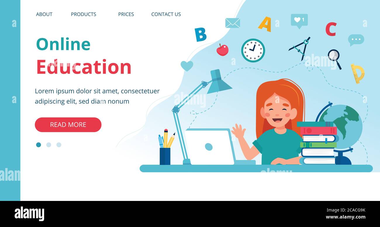 Online learning template with girl studying with computer. Vector ...