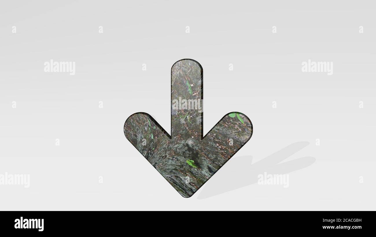 arrow thick down made by 3D illustration of a shiny metallic sculpture ...