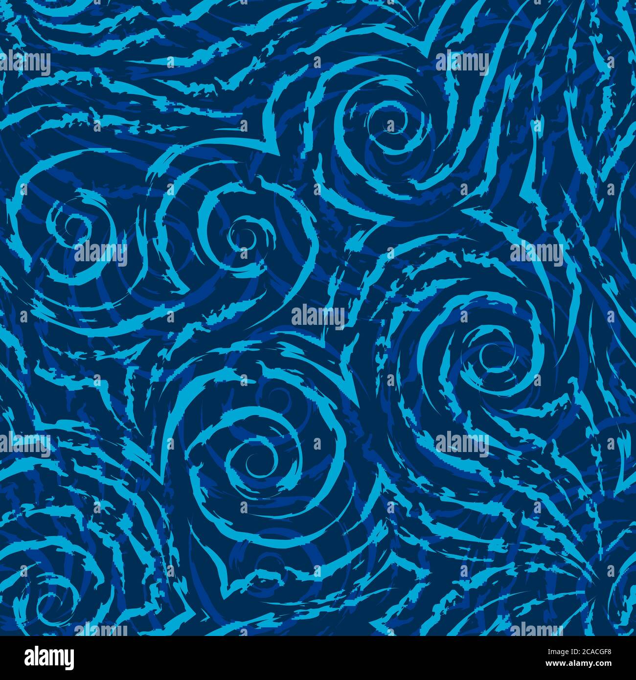 Vector seamless pattern of turquoise spirals of lines and corners on a blue background.Texture ...