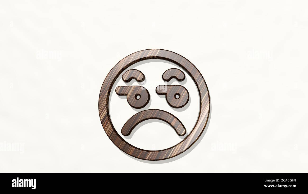 smiley grumpy on the wall. 3D illustration of metallic sculpture over a ...