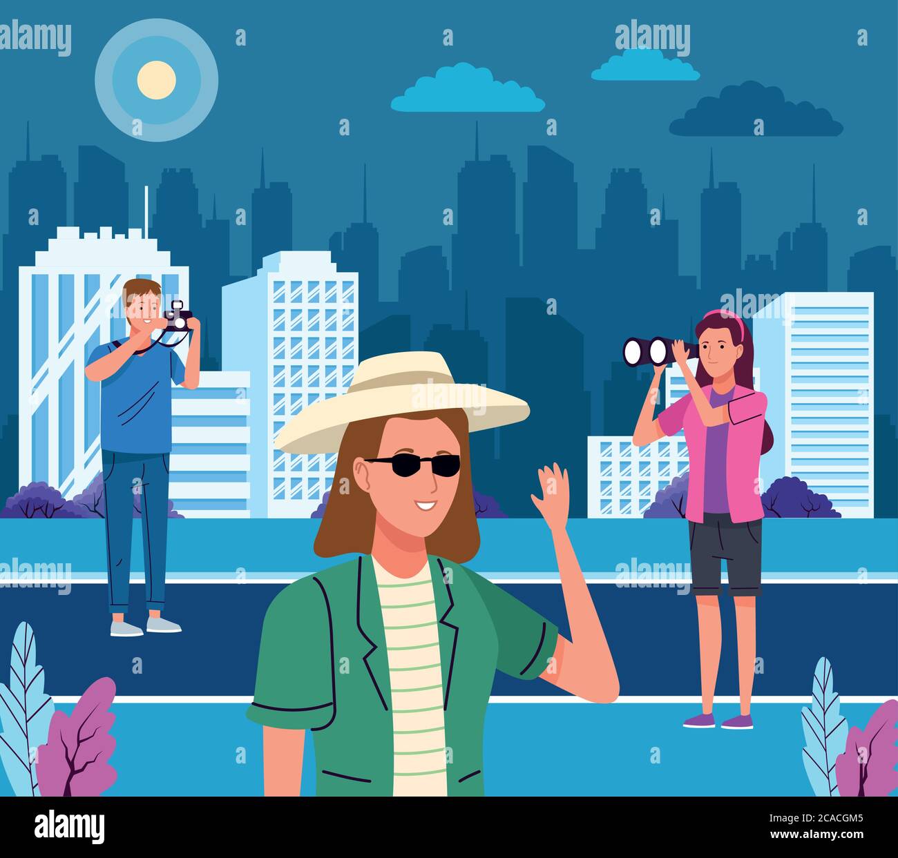 group of tourist people doing activities vector illustration design ...