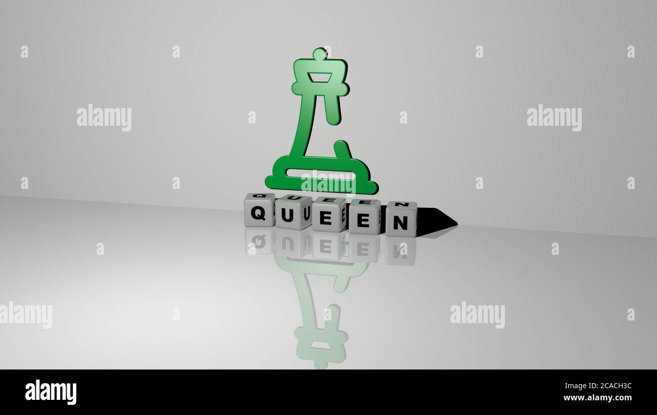 3D illustration of queen graphics and text made by metallic dice ...