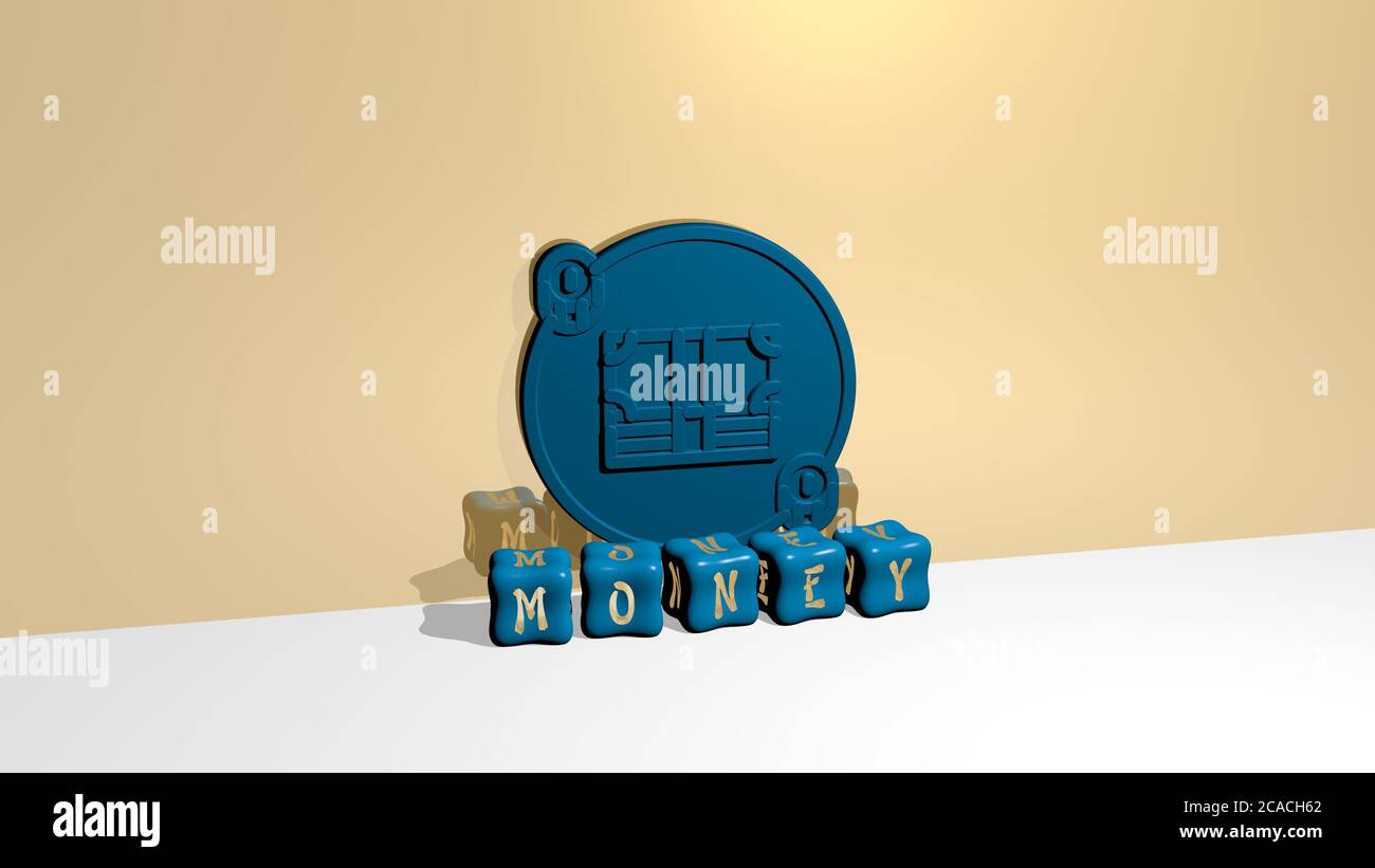 3D illustration of money graphics and text made by metallic dice ...