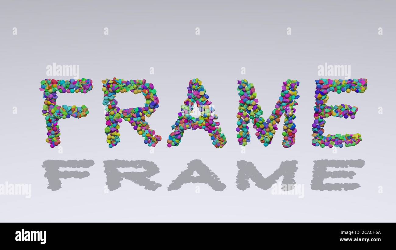 frame: 3D illustration of the text made of small objects over a white ...