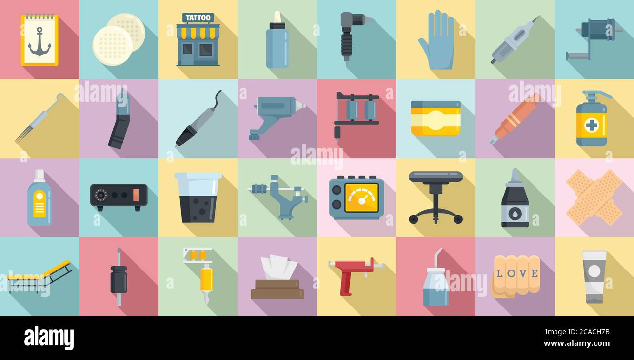 Tattoo studio icons set. Flat set of tattoo studio vector icons for web ...