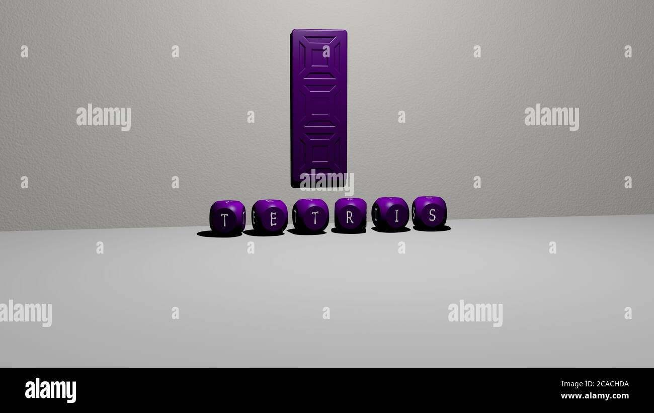 3D illustration of tetris graphics and text made by metallic dice ...