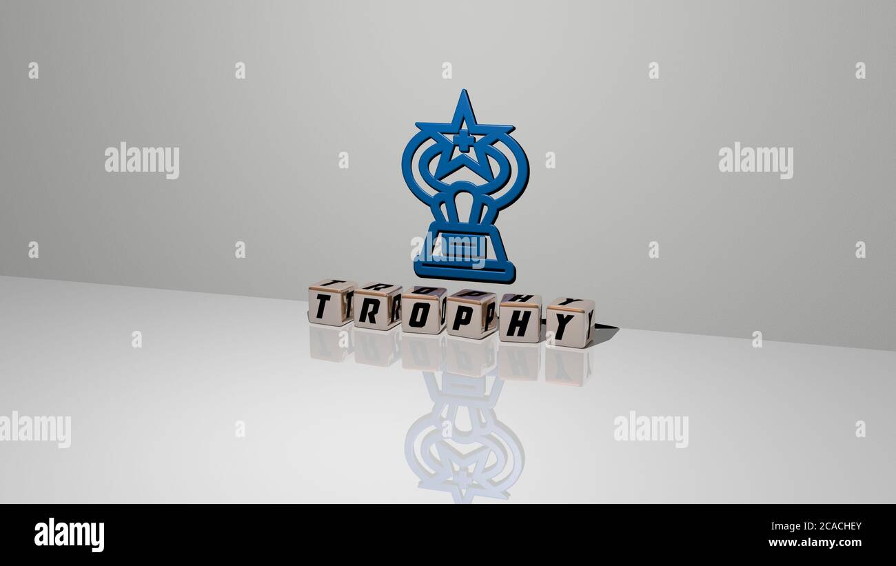 3D illustration of trophy graphics and text made by metallic dice ...