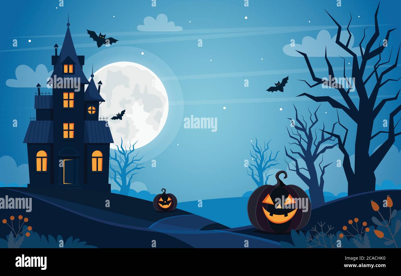 Halloween background with haunted house, full moon, pumpkins and trees ...