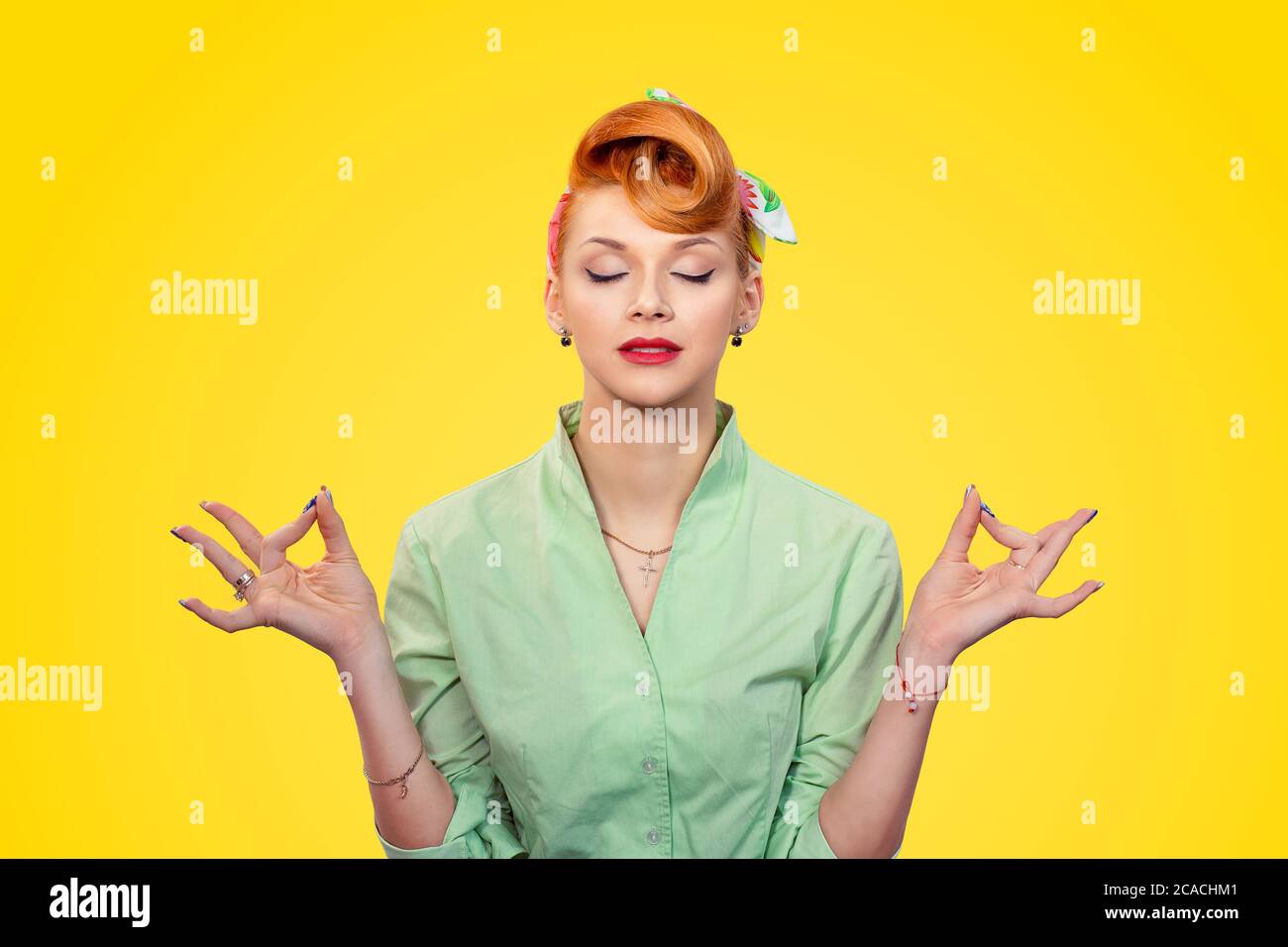 Meditation. Closeup red head young Business woman pretty pinup girl ...