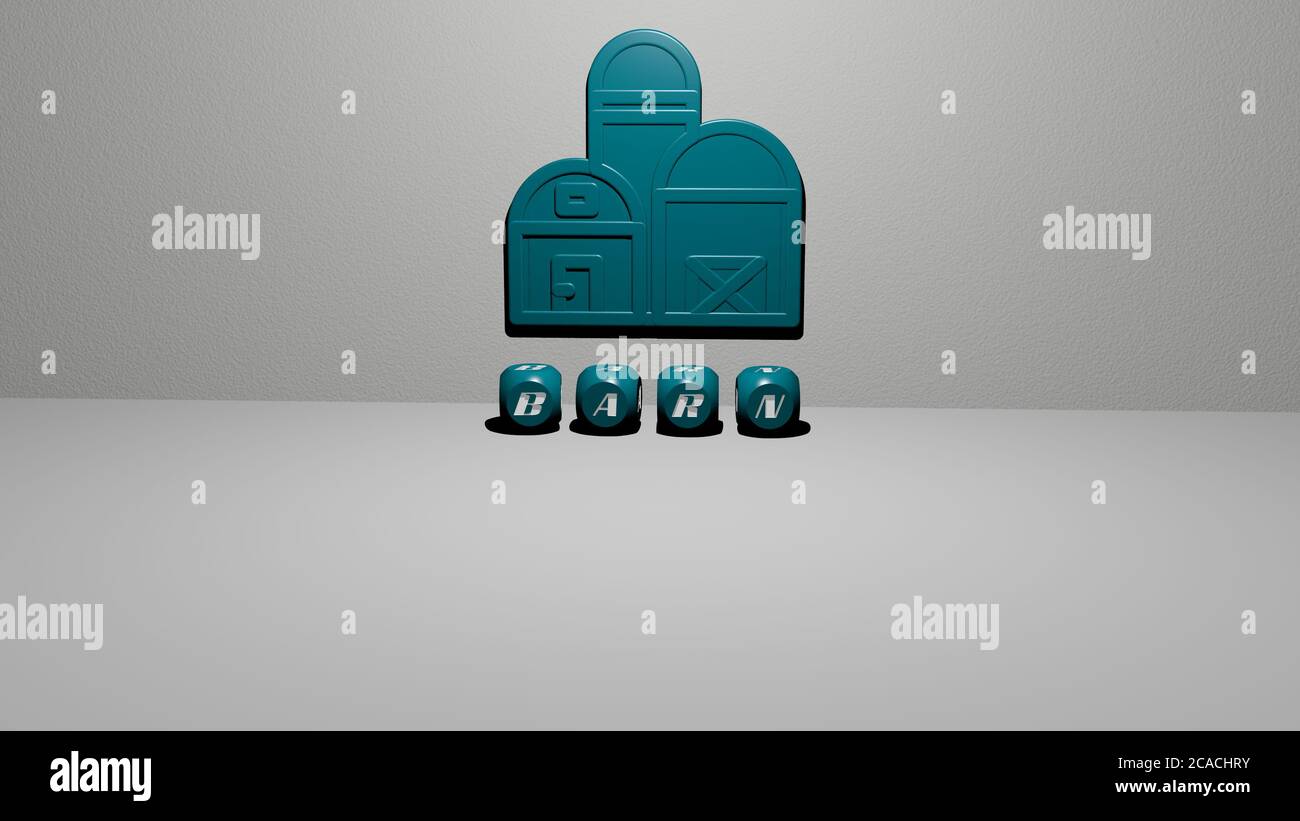 3D illustration of BARN graphics and text made by metallic dice letters ...