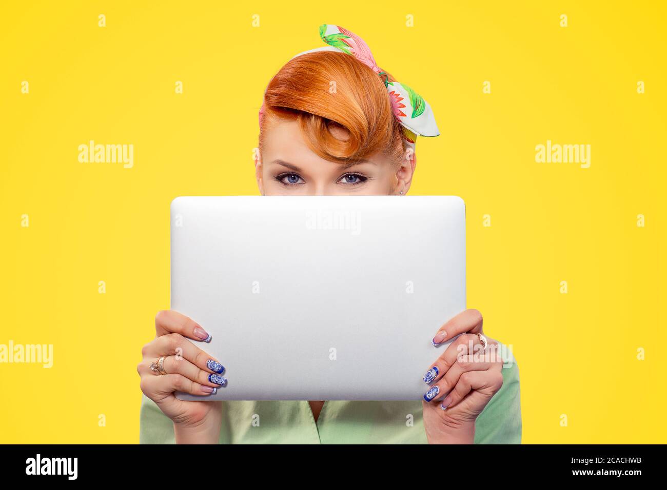 Student hiding behind laptop. Closeup portrait headshot beautiful ...