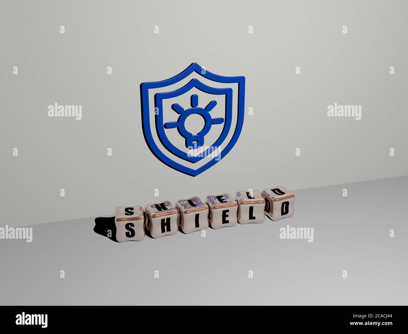 3D illustration of shield graphics and text made by metallic dice ...