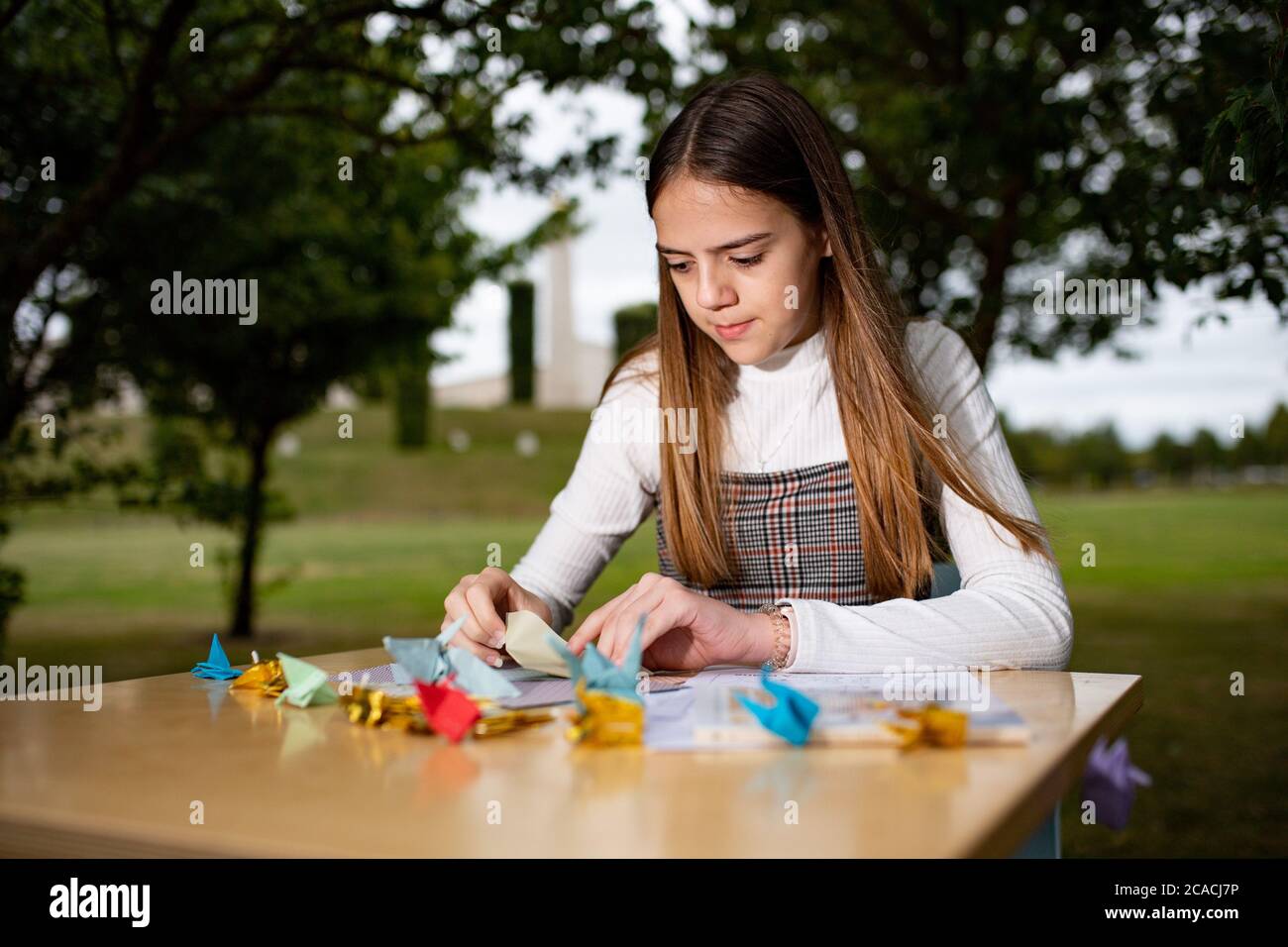 Izzy Snape, 13, folding origami peace cranes before hanging them in the ...