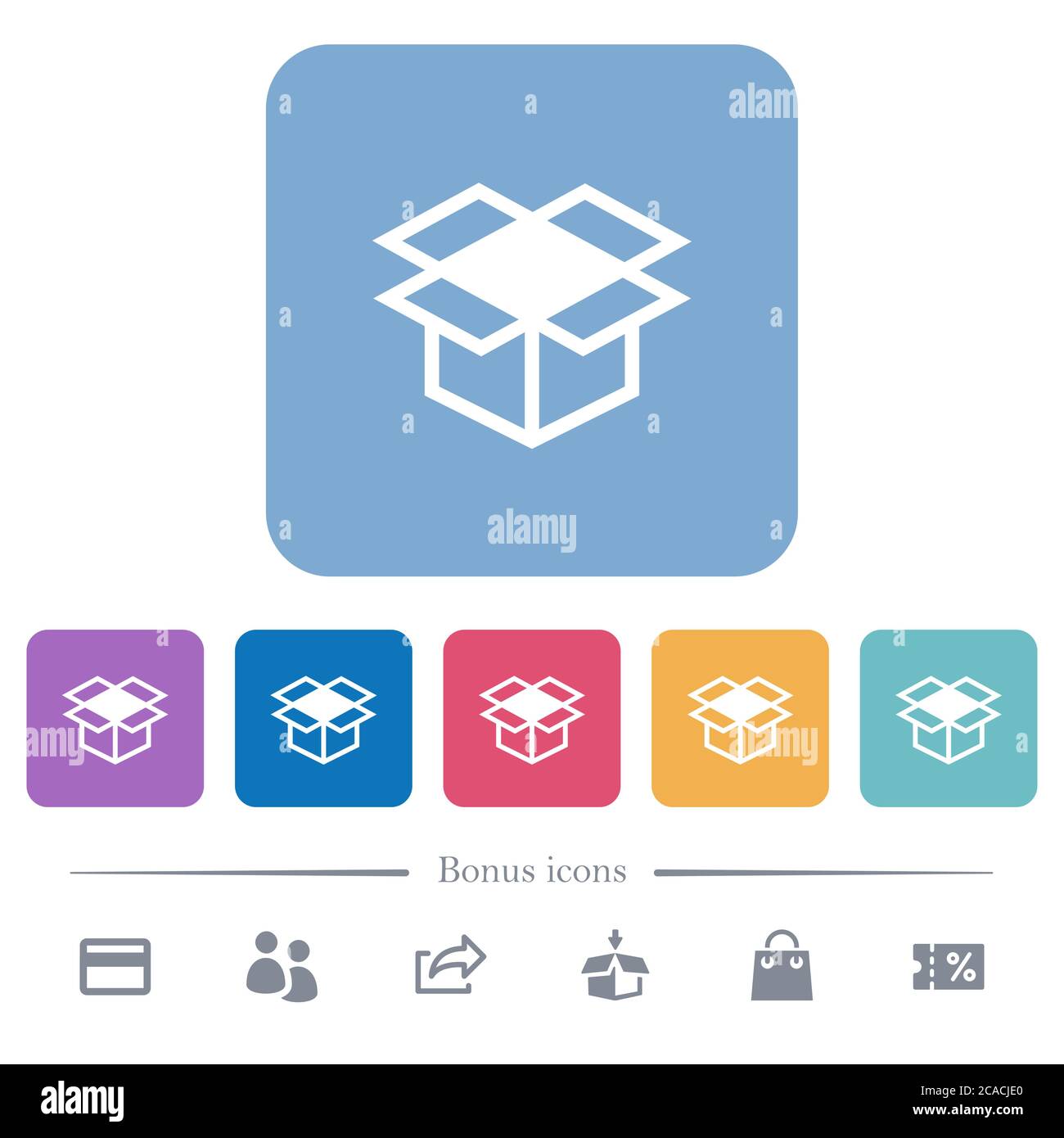 Open box white flat icons on color rounded square backgrounds. 6 bonus ...