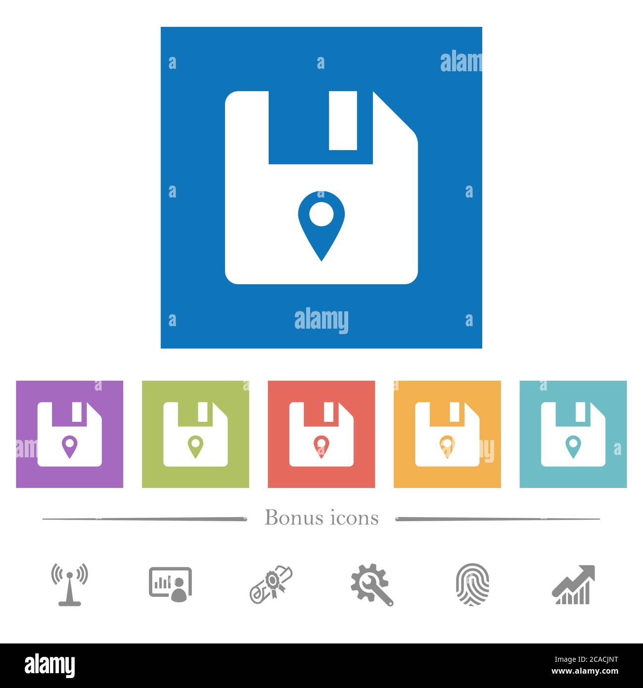 File location flat white icons in square backgrounds. 6 bonus icons ...