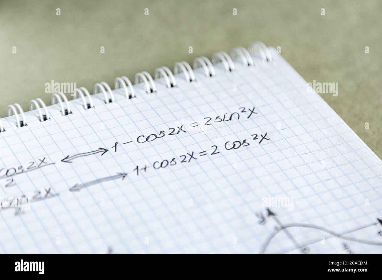 Closeup shot of trigonometric formulas written on a notebook paper ...