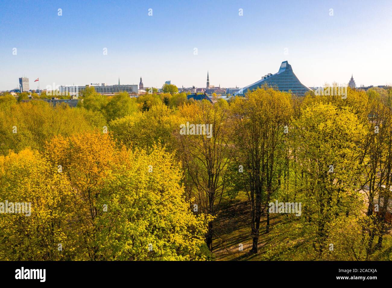 Beautiful scenery of a lot of trees in Green Victory park with Riga old ...