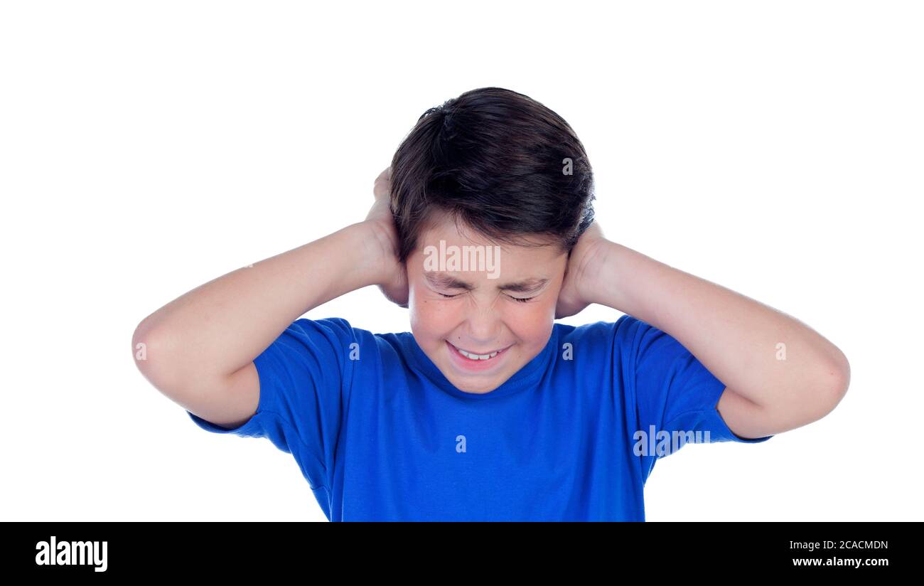 Shocked child covering the ears isolated on a white background Stock ...