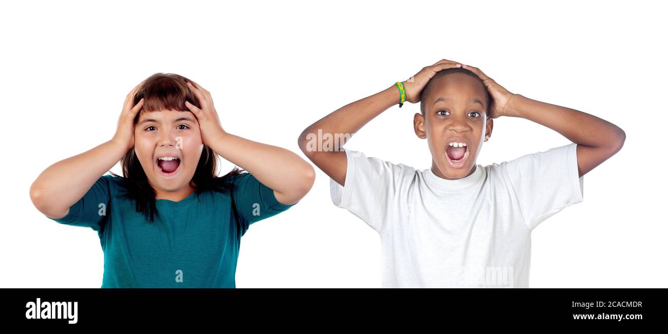 Children covering the ears and shocked by a loud sound isolated on a ...