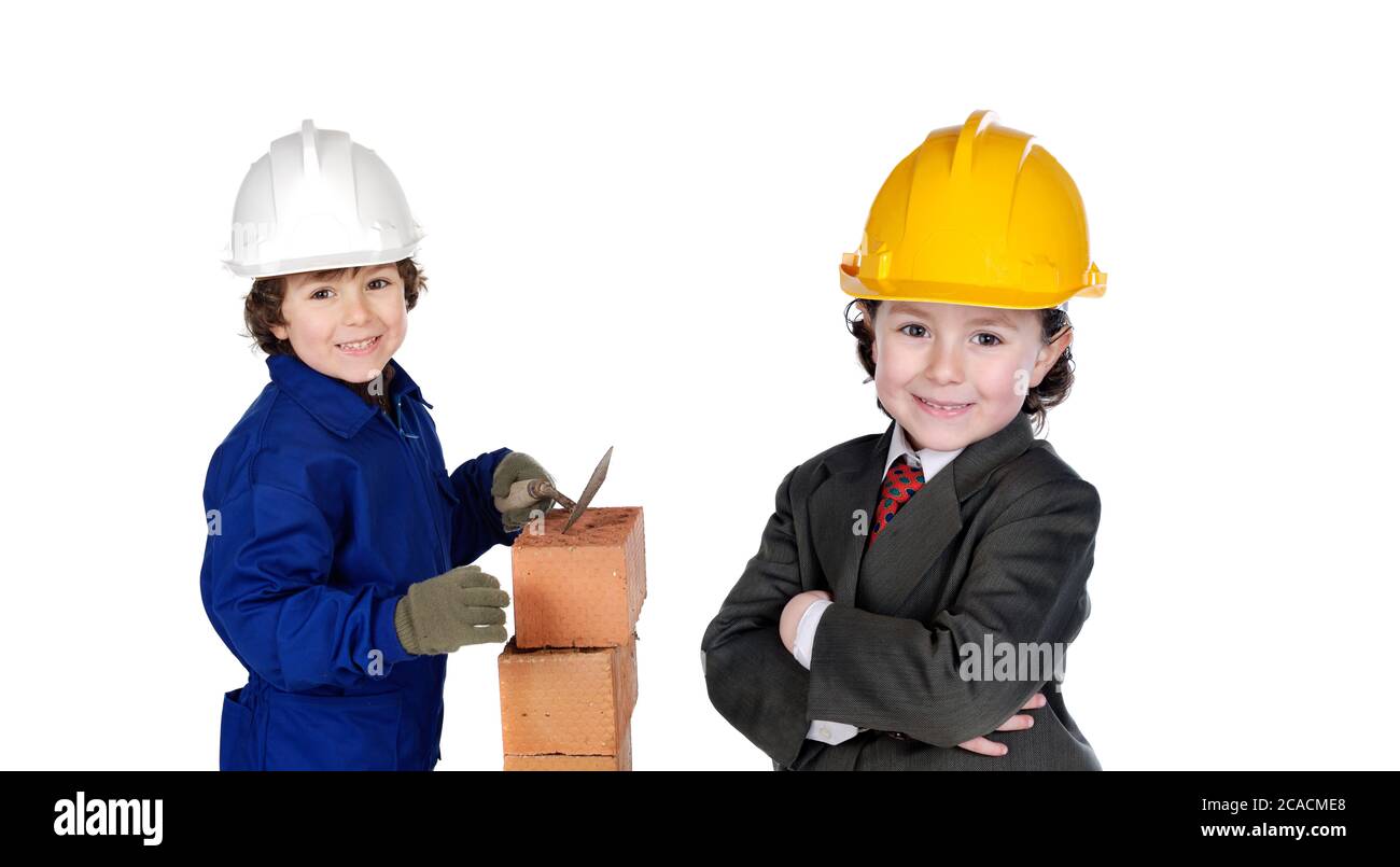 Children with helmet like a engineer and a construction worker Stock ...