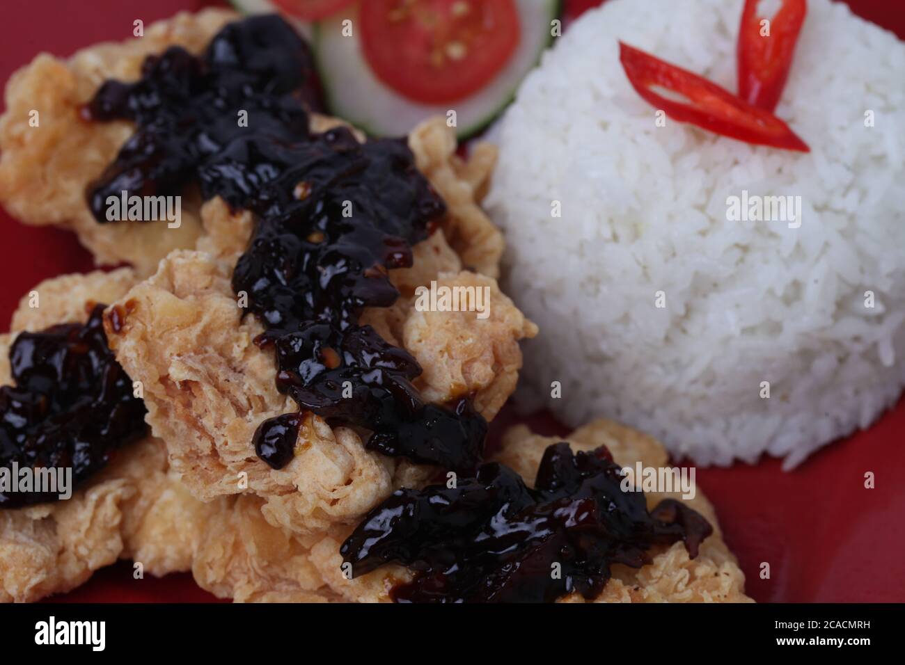 Fried chicken and rice on a red plate with black spicy flavor isolated ...